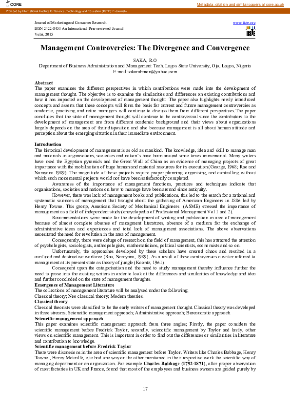 (PDF) Management Controvercies: The Divergence and Convergence | Rahmon ...