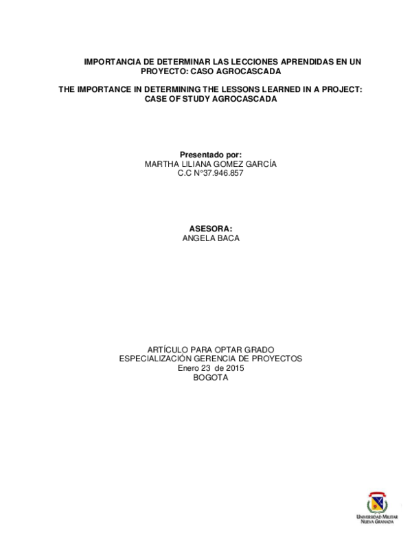 (PDF) Importancia de determinar las lecciones aprendidas en un proyecto: caso Agrocascada ...