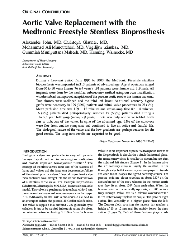 (PDF) Aortic Valve Replacement with the Medtronic Freestyle Stentless ...