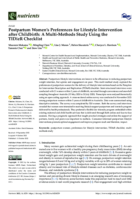 (PDF) Postpartum Women’s Preferences for Lifestyle Intervention after ...