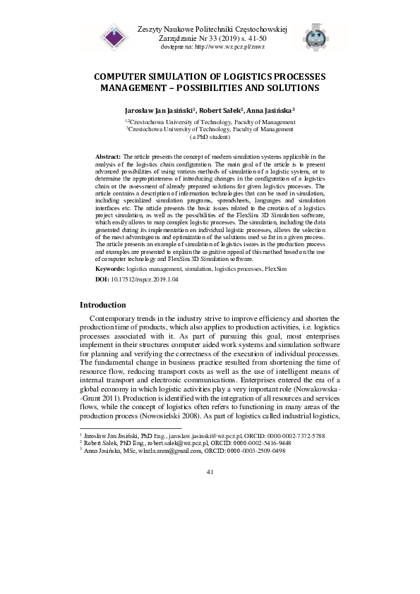 (PDF) Computer Simulation of Logistics Processes Management – Possibilities and Solutions