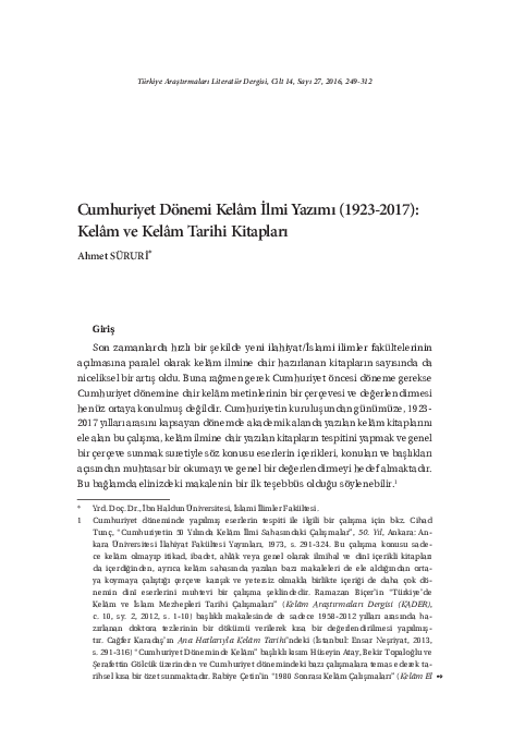 (PDF) Cumhuriyet Dönemi Kelam İlmi Yazımı (1923-2017): Kelam ve Kelam Tarihi Kitapları