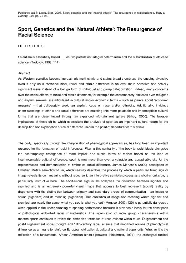(PDF) Sport, Genetics and the `Natural Athlete': The Resurgence of ...