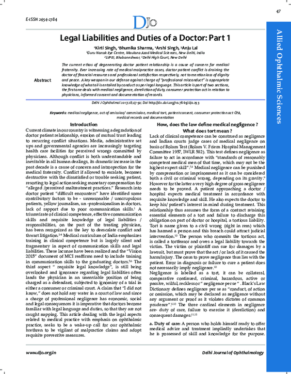 (PDF) Legal Liabilities and Duties of a Doctor: Part 1