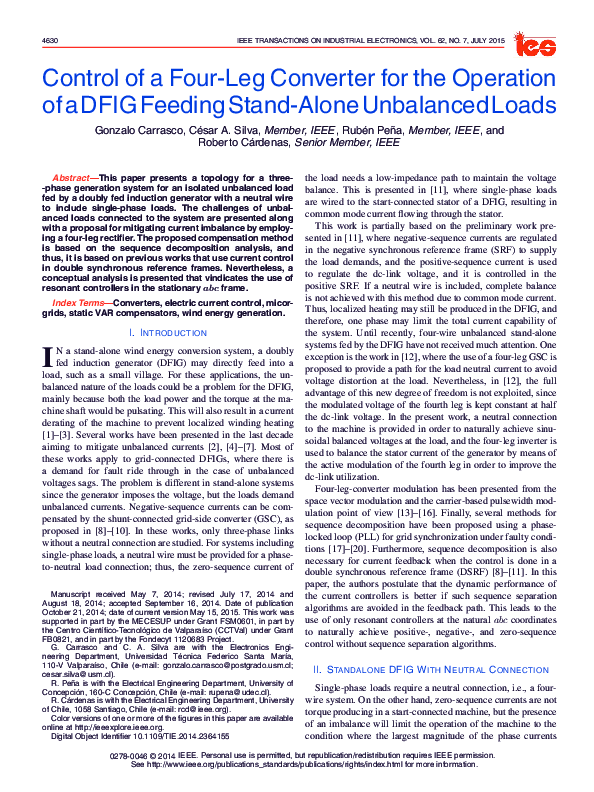 (PDF) Control of a Four-Leg Converter for the Operation of a DFIG ...