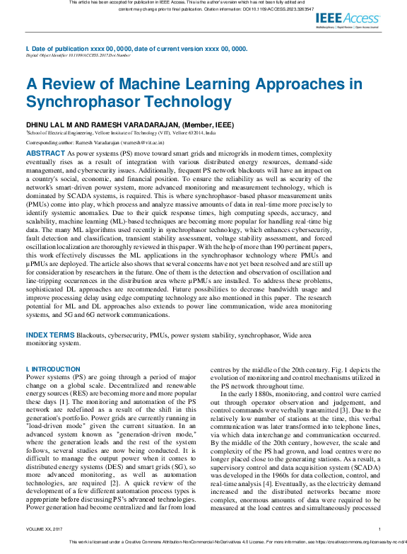 (PDF) A Review of Machine Learning Approaches in Synchrophasor Technology