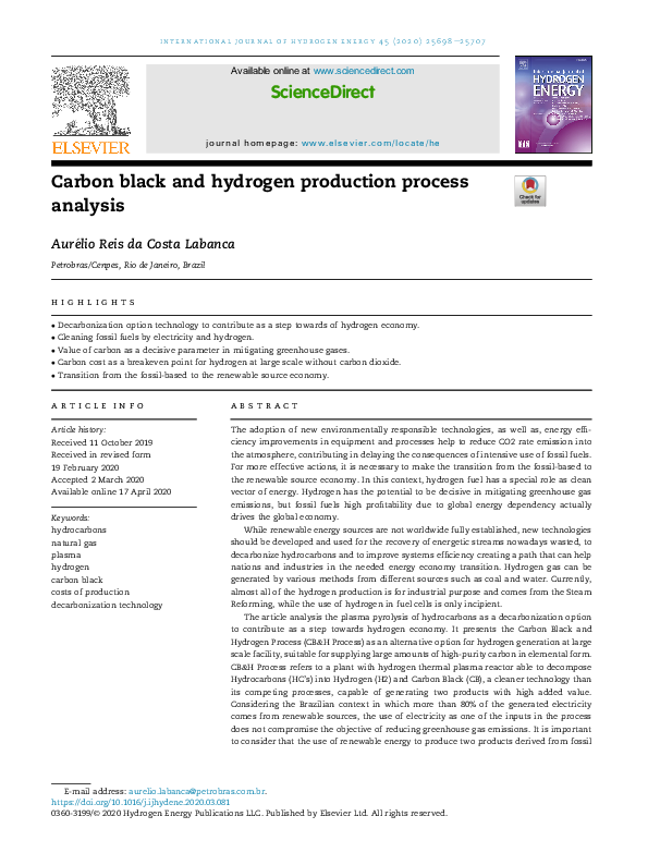 (PDF) Carbon black and hydrogen production process analysis