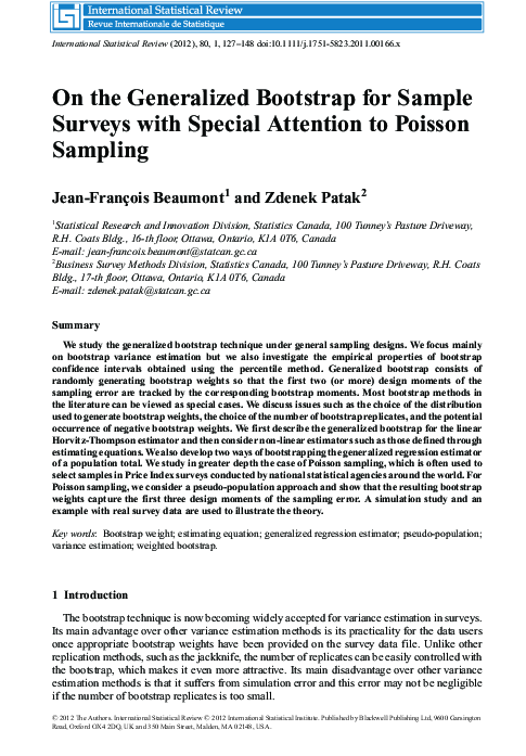 (PDF) On the Generalized Bootstrap for Sample Surveys with Special Attention to Poisson Sampling
