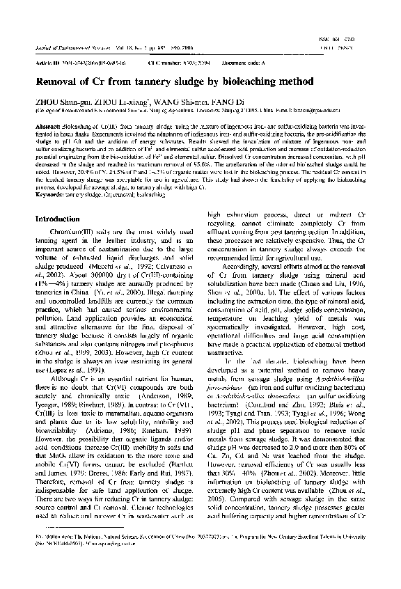 (PDF) Removal of Cr from tannery sludge by bioleaching method