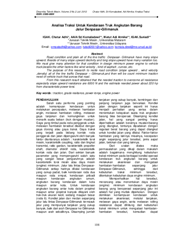 (PDF) Analisa Traksi Untuk Kendaraan Truk Angkutan Barang Jalur ...
