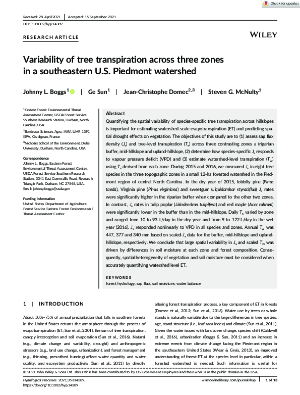 (PDF) Variability of tree transpiration across three zones in a southeastern U.S. Piedmont watershed