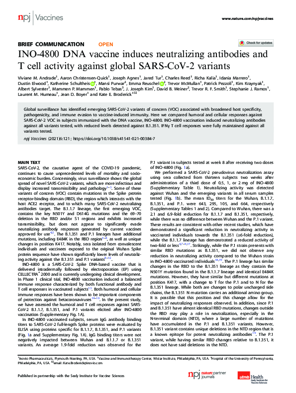 (PDF) INO-4800 DNA Vaccine Induces Neutralizing Antibodies and T cell ...