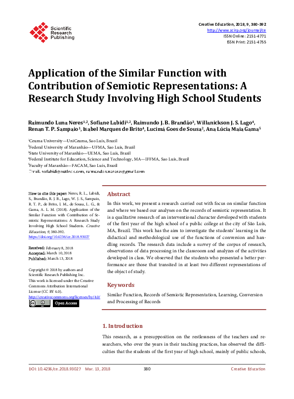 (PDF) Application of the Similar Function with Contribution of Semiotic Representations: A ...