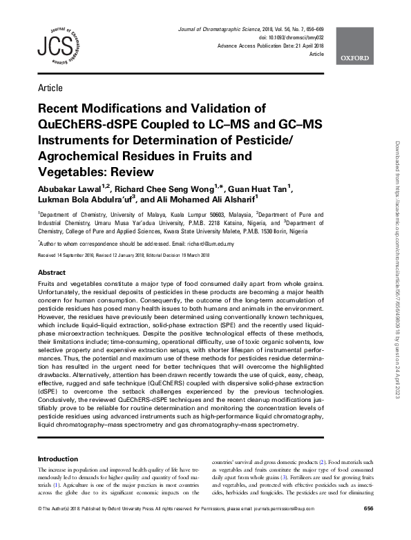 (PDF) Recent Modifications and Validation of QuEChERS-dSPE Coupled to LC–MS and GC–MS ...