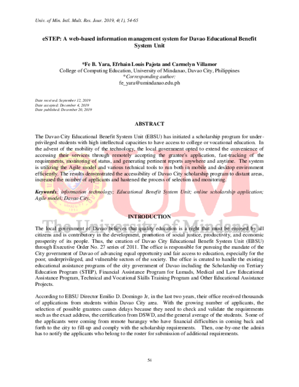 (PDF) eSTEP: A web-based information management system for Davao Educational Benefit System Unit