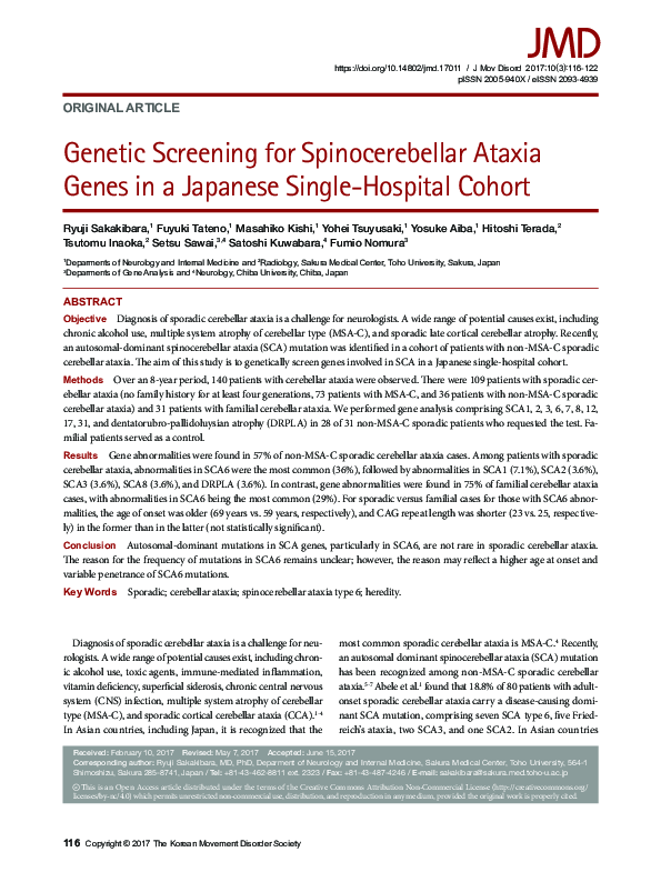 (PDF) Genetic Screening for Spinocerebellar Ataxia Genes in a Japanese Single-Hospital Cohort