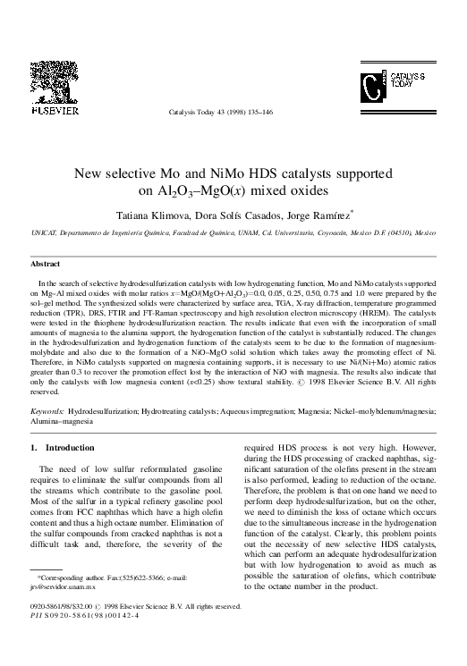 (PDF) New selective Mo and NiMo HDS catalysts supported on Al2O3–MgO(x) mixed oxides
