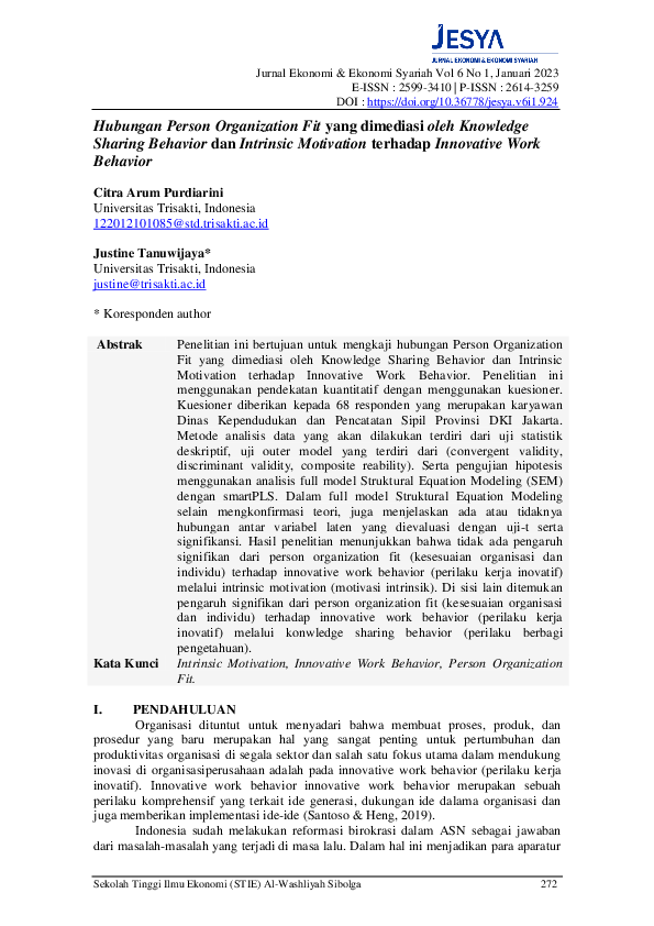 (PDF) Hubungan Person Organization Fit yang dimediasi oleh Knowledge Sharing Behavior dan ...