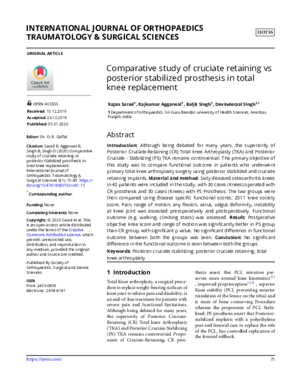 (PDF) Comparative study of cruciate retaining vs posterior stabilized ...
