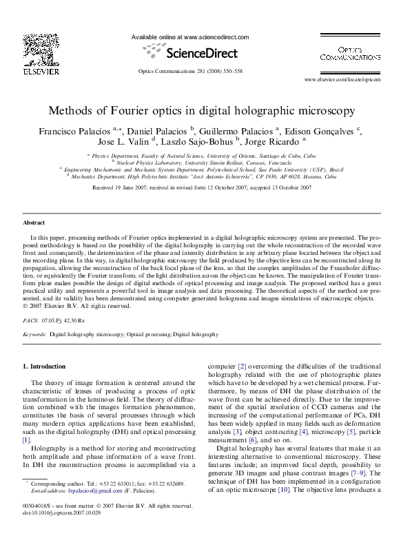 (PDF) Methods of Fourier optics in digital holographic microscopy