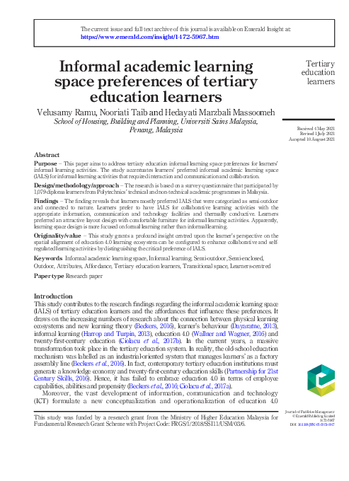 (PDF) Informal academic learning space preferences of tertiary education learners
