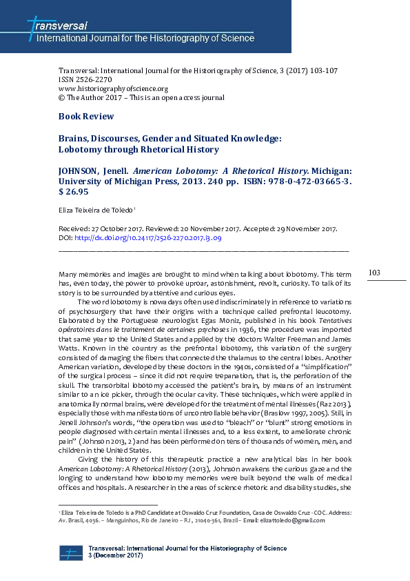 (PDF) Book Review - Johnson, Jenell. American Lobotomy: A Rhetorical ...