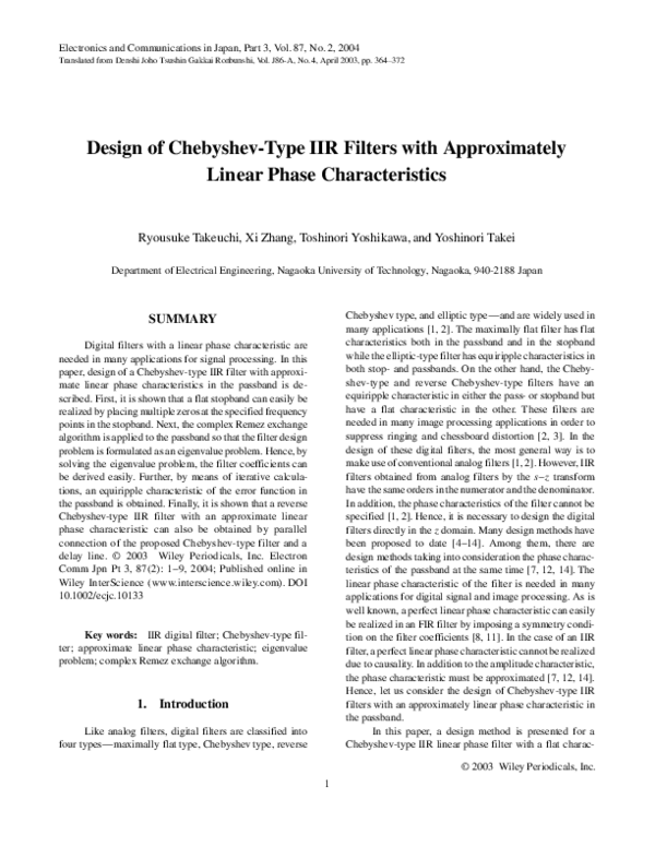 (PDF) Design of Chebyshev-type IIR filters with approximately linear ...