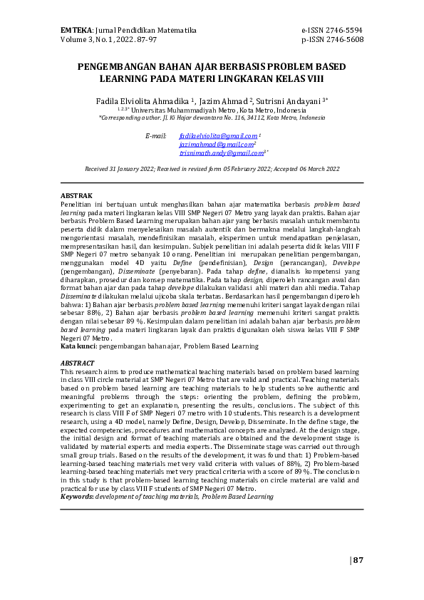 (PDF) Pengembangan Bahan Ajar Berbasis Problem Based Learning Pada Materi Lingkaran Kelas VIII