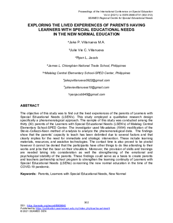 (PDF) Exploring the Lived Experiences of Parents Having Learners with ...