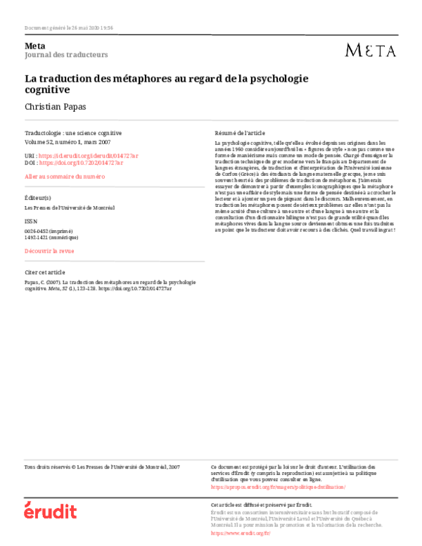 (PDF) La traduction des métaphores au regard de la psychologie cognitive