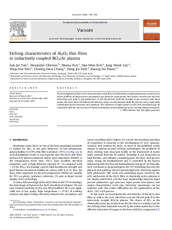 (PDF) Etching characteristics of Al2O3 thin films in inductively ...