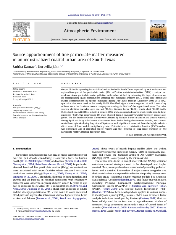 (PDF) Source apportionment of fine particulate matter measured in an industrialized coastal ...