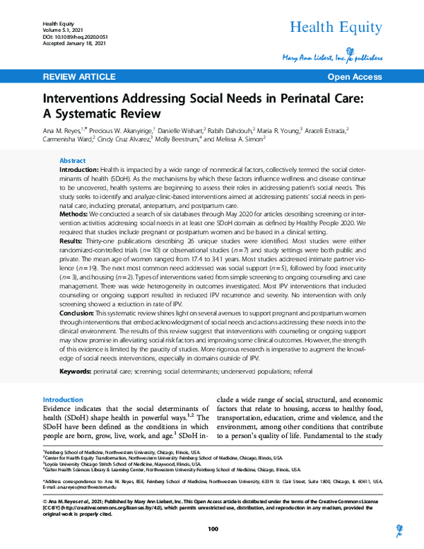 (PDF) Interventions Addressing Social Needs in Perinatal Care: A ...