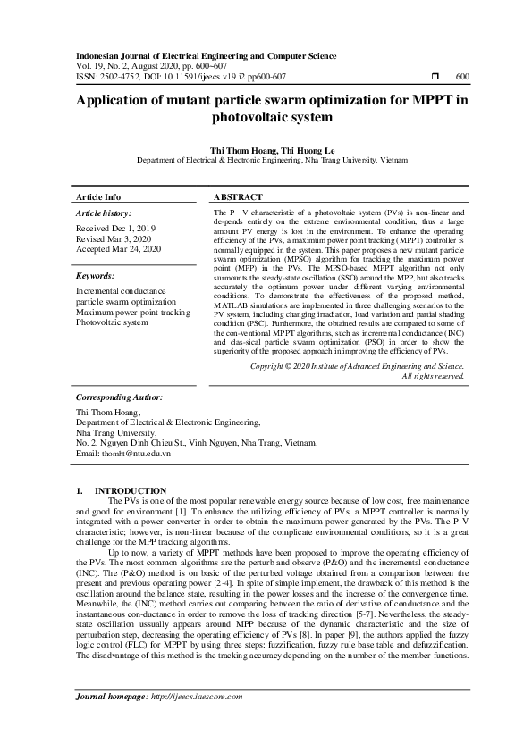(PDF) Application of mutant particle swarm optimization for MPPT in photovoltaic system