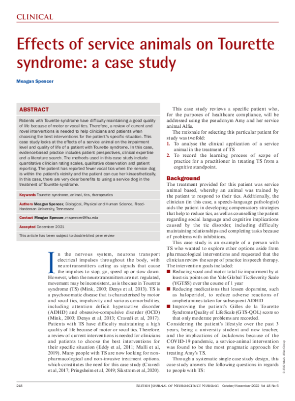 (PDF) Effects of service animals on Tourette syndrome: a case study