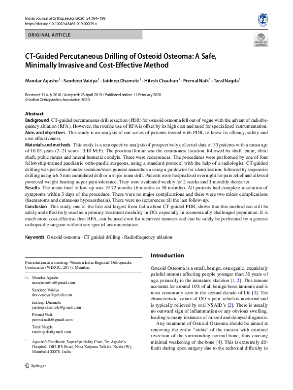 (PDF) CT-Guided Percutaneous Drilling of Osteoid Osteoma: A Safe, Minimally Invasive and Cost ...