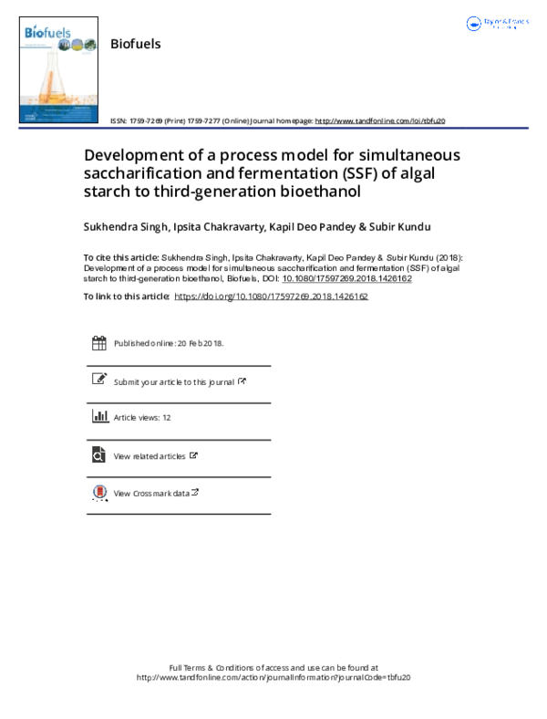 (PDF) Development of a process model for simultaneous saccharification and fermentation (SSF) of ...