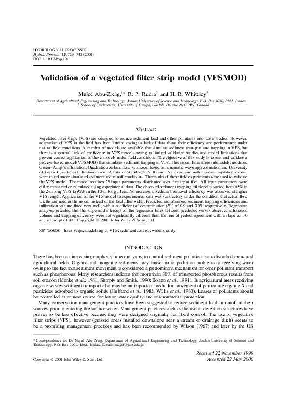 (PDF) Validation of a vegetated filter strip model (VFSMOD)