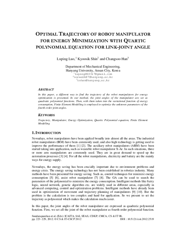 (PDF) Optimal Trajectory of Robot Manipulator for Energy Minimization with Quartic Polynomial ...
