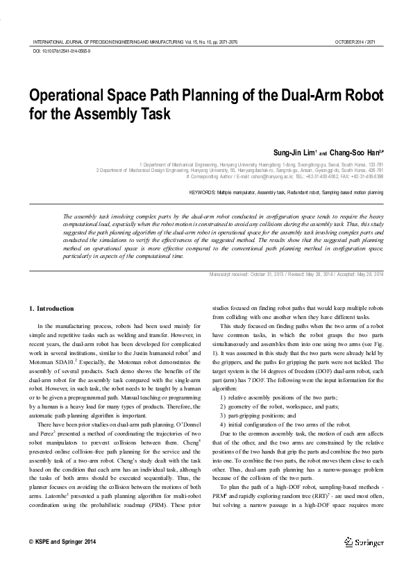 (PDF) Operational space path planning of the dual-arm robot for the assembly task