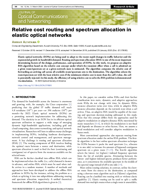 (PDF) Relative cost routing and spectrum allocation in elastic optical networks
