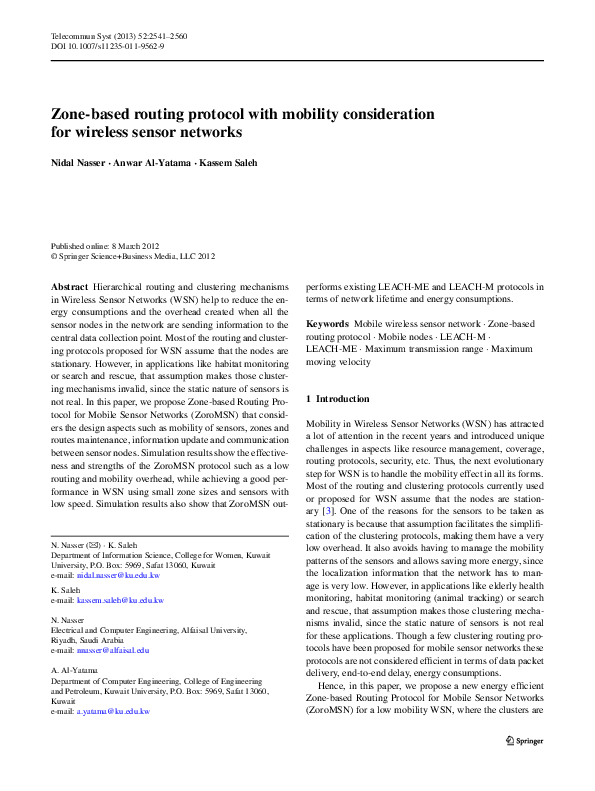 Pdf Zone Based Routing Protocol With Mobility Consideration For Wireless Sensor Networks
