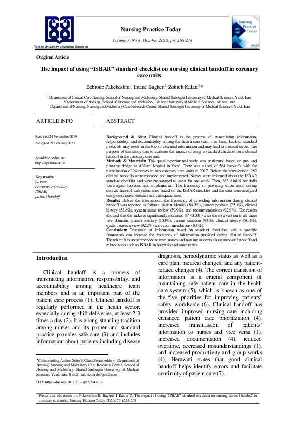 (PDF) The impact of using “ISBAR” standard checklist on nursing ...