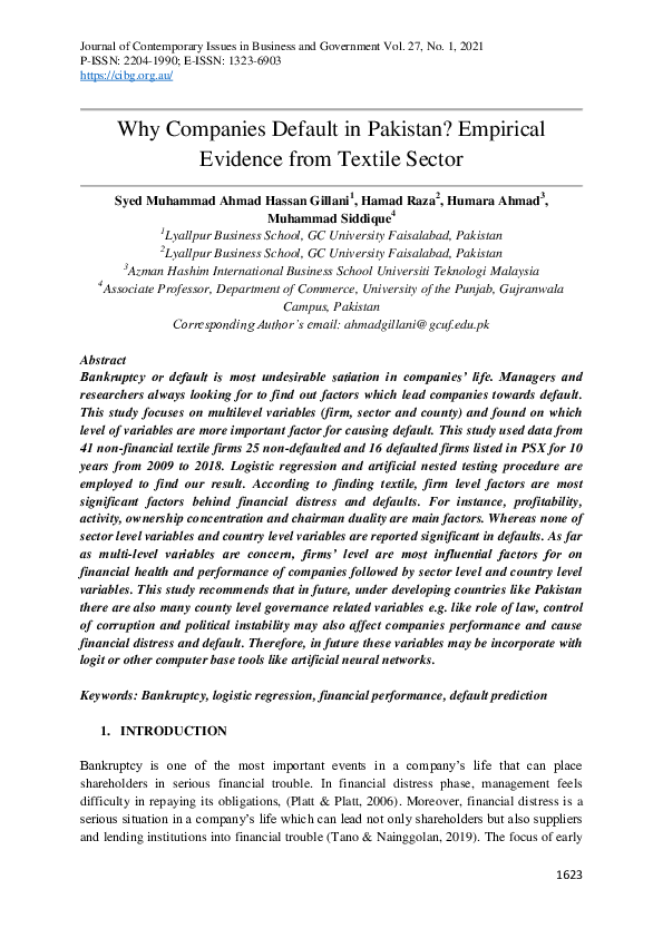 (PDF) Why Companies Default in Pakistan? Empirical Evidence from ...