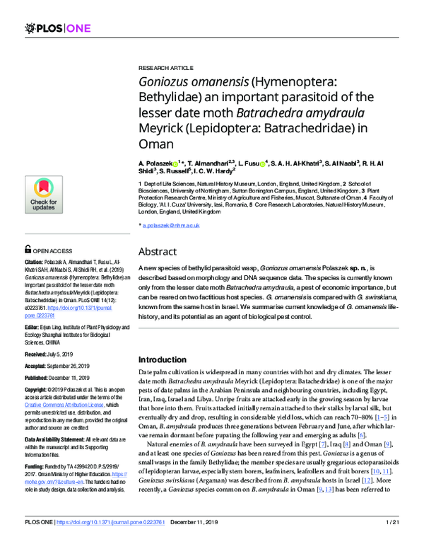 (PDF) Goniozus omanensis (Hymenoptera: Bethylidae) an important ...