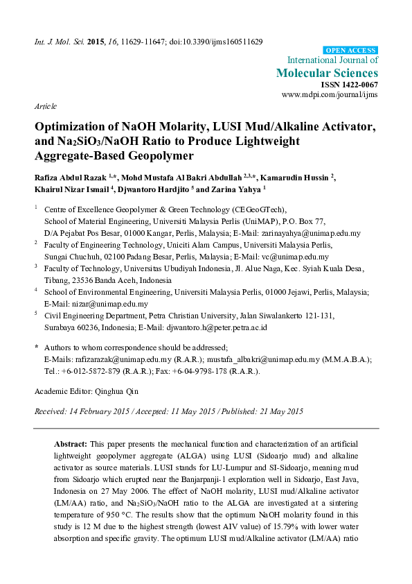 (PDF) Optimization of NaOH Molarity, LUSI Mud/Alkaline Activator, and ...