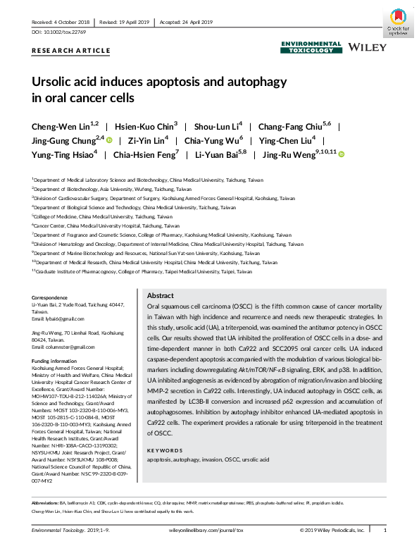 (PDF) Ursolic acid induces apoptosis and autophagy in oral cancer cells