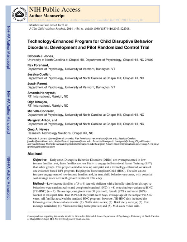 (PDF) Technology-Enhanced Program for Child Disruptive Behavior Disorders: Development and Pilot ...