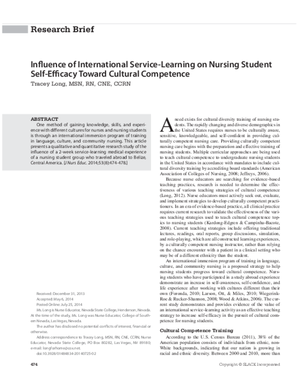 (PDF) Influence of international service-learning on nursing student self-efficacy toward ...