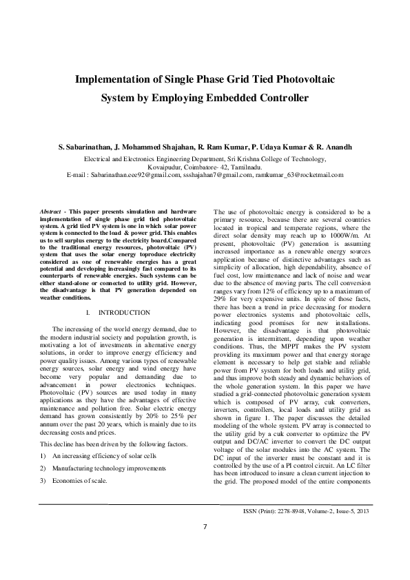 Pdf Implementation Of Single Phase Grid Tied Photovoltaic System By Employing Embedded Controller